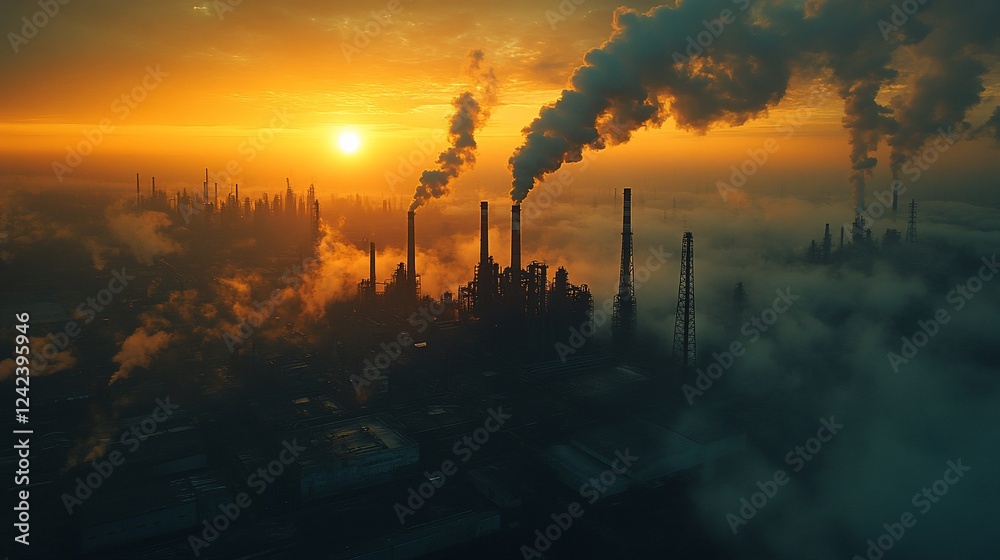 Industrial skyline at sunset with smokestacks emitting steam, creating ...