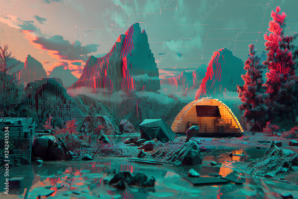 Craft a surreal scene blending nature and future tech in a glitch art ...