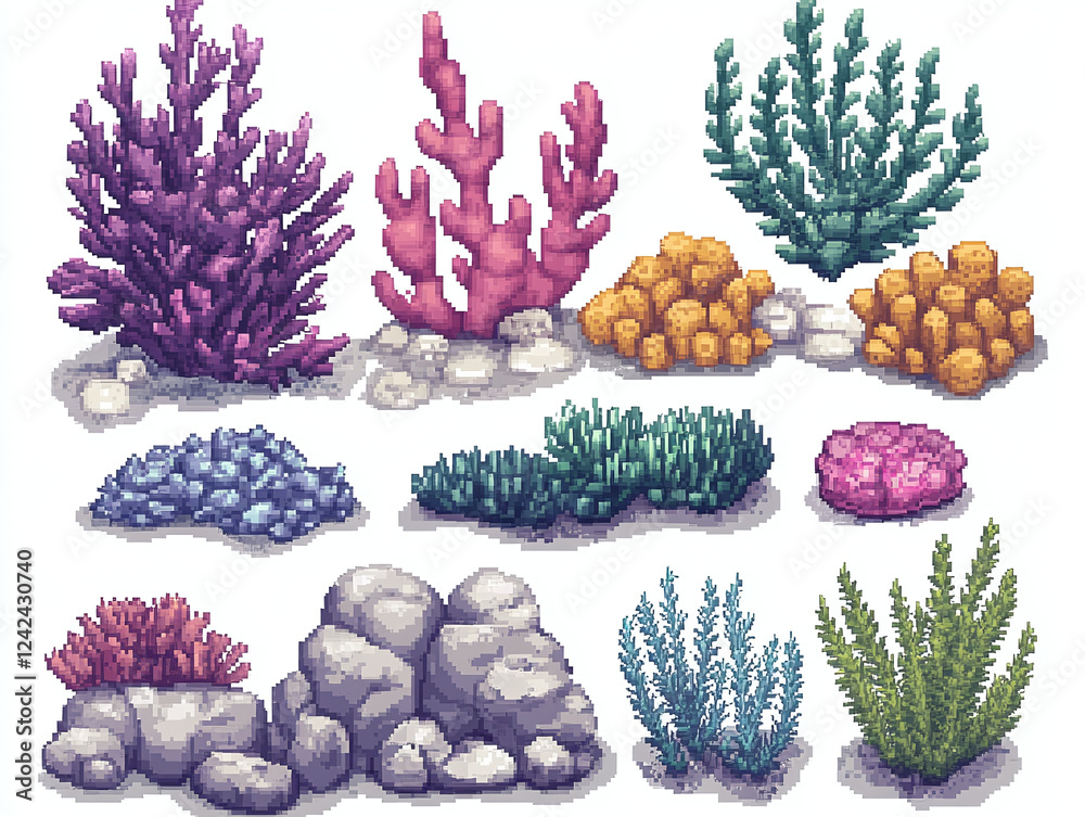 Pixel Art Underwater Coral Reefs and Rocks Stock Illustration | Adobe Stock