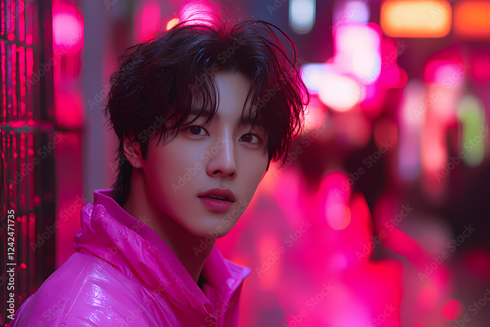 urban fashion images. Stylish model in denim jacket with hood poses for ...