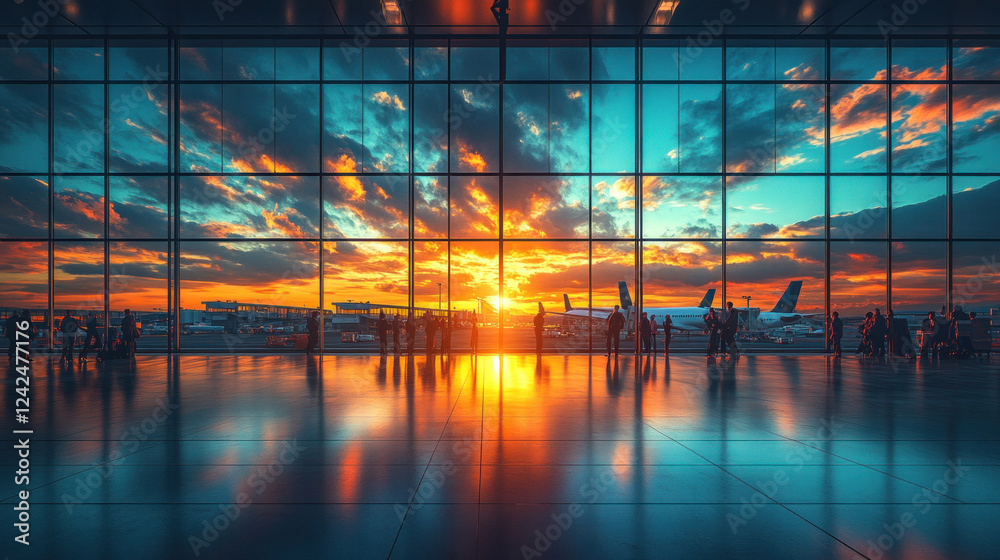 A modern airport terminal interior with travelers boarding a plane ...