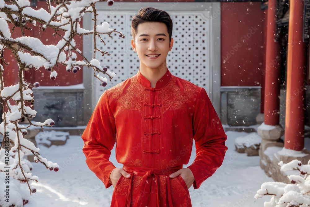 Asian man, 20 years old, handsome hairstyle, wearing red traditional ...