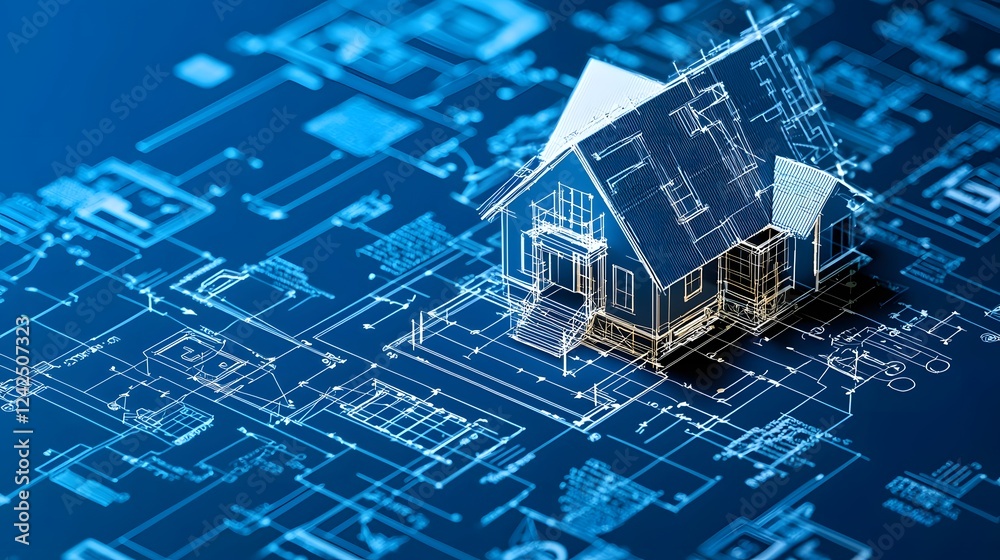 Isometric digital blueprint schematic of a modern house design emerging ...