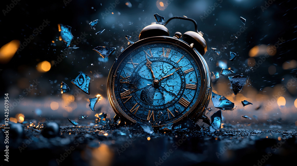 Surreal shattered clock face with floating fragments, glowing and ...