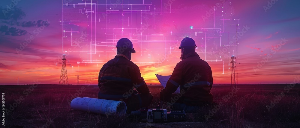 Engineers Planning Future: Two engineers, silhouetted against a vibrant ...