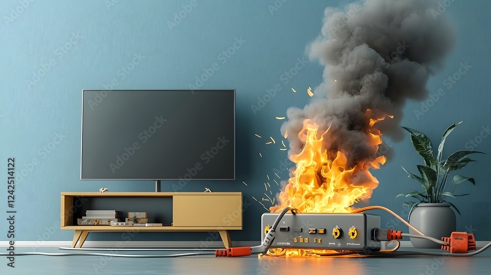 Smoke and flames rising from an overloaded electrical outlet in a ...
