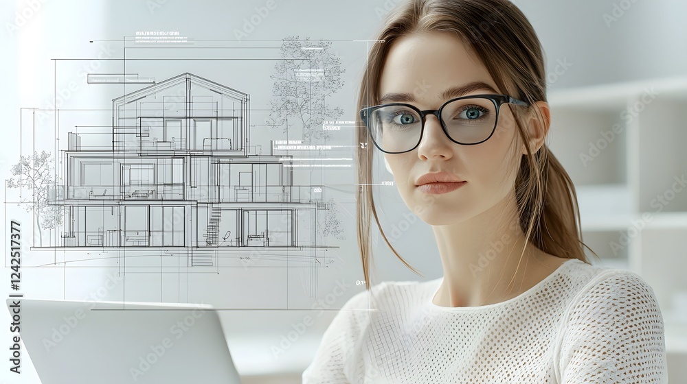Young professional woman examining 3D virtual reality model of house design on laptop computer ...