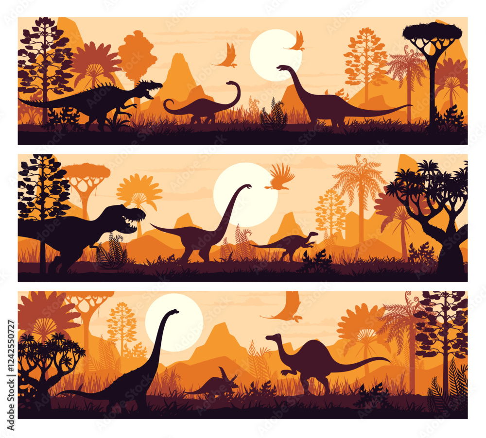 Prehistoric era banners with dinosaurs silhouettes in Jurassic jungle ...