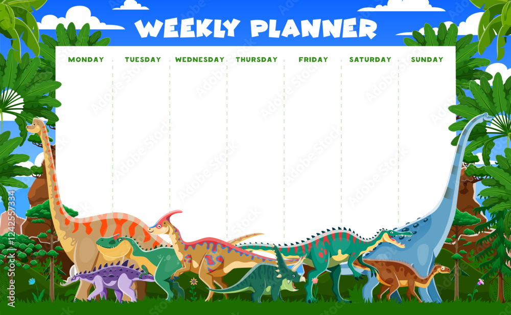 Weekly planner schedule with cartoon prehistoric dinosaur and reptile ...