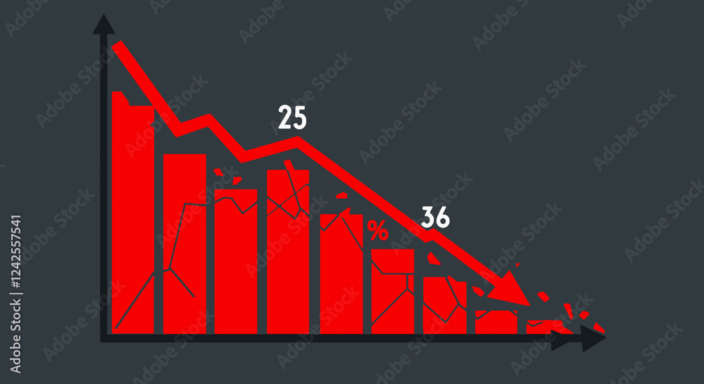 Stock market crash. This image shows a declining bar graph with broken ...