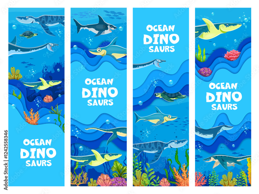 Underwater prehistoric dinosaurs on paper cut banners. Ocean and sea ...