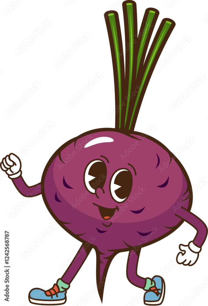 Cartoon groovy beetroot character with happy smile on face, vector ...