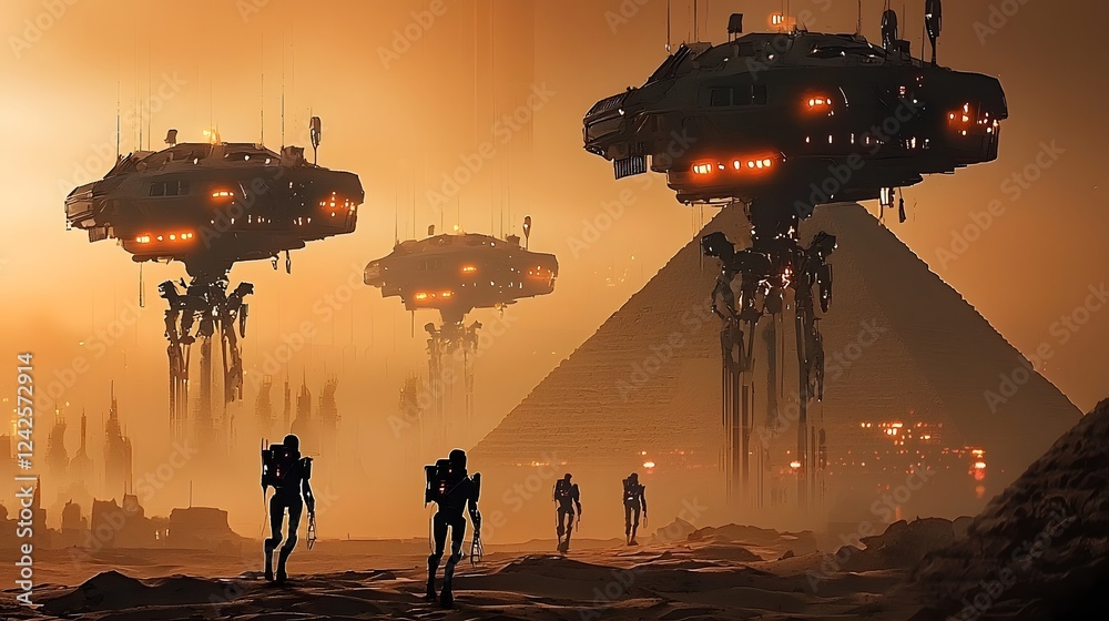 Futuristic scene depicting advanced alien robotic drones hovering and ...