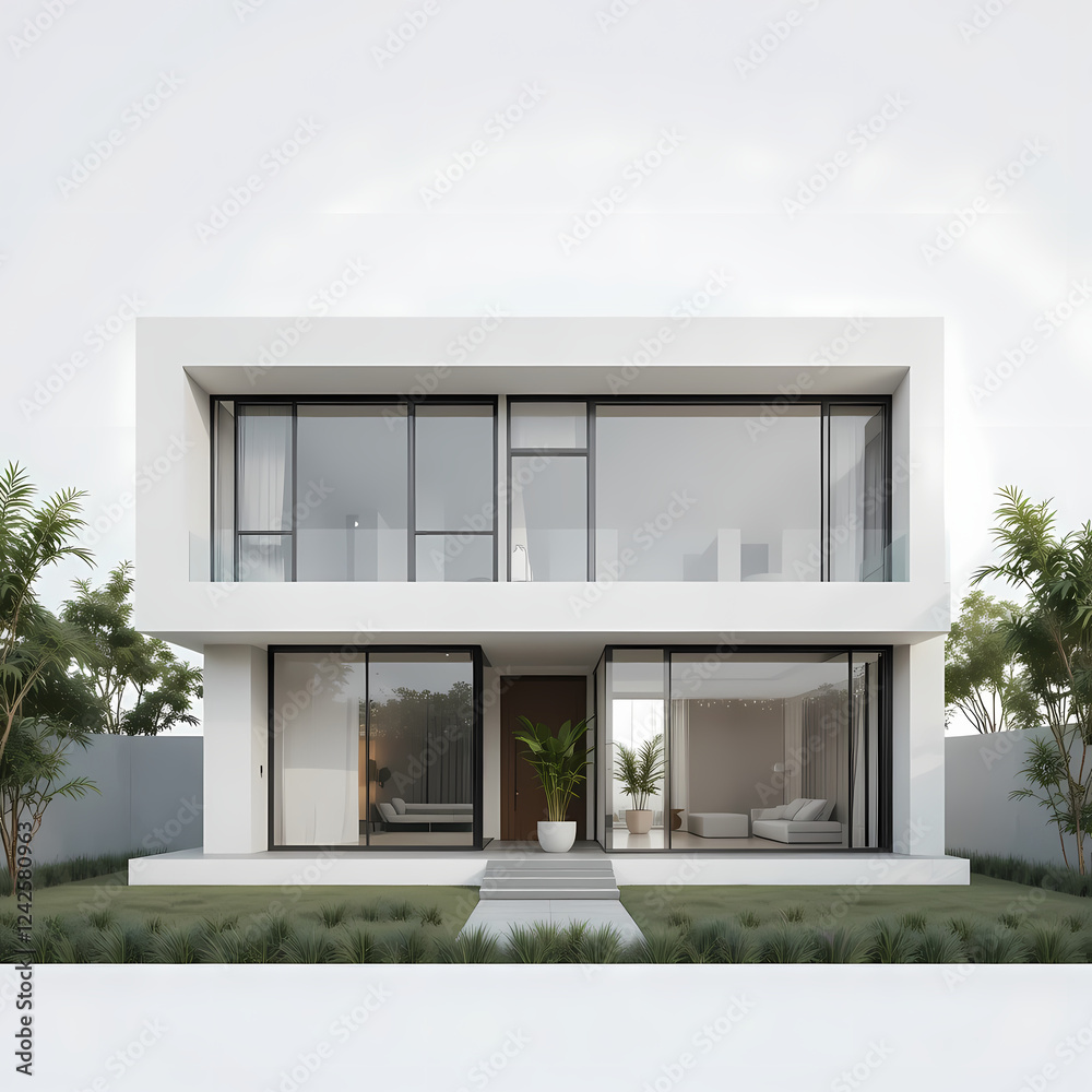 Modern minimalist two story house exterior design with large windows 3d ...