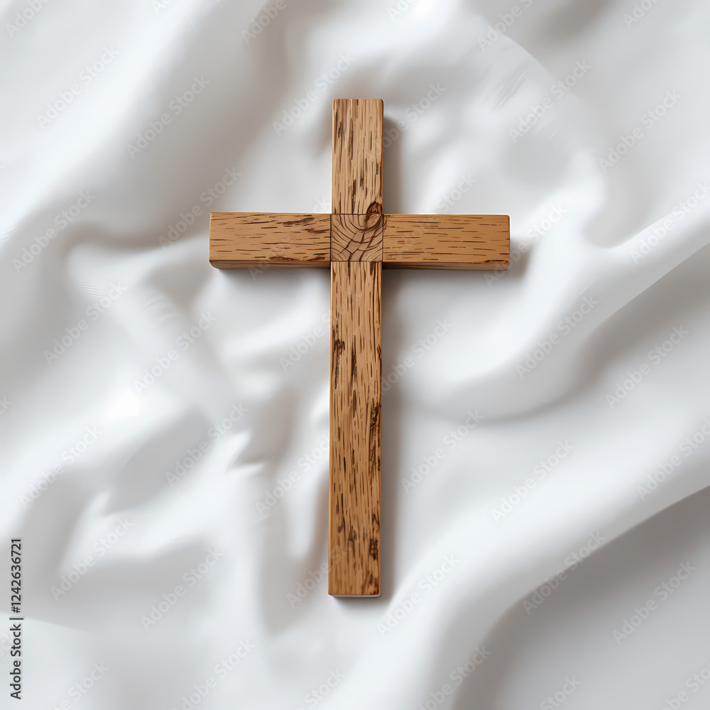 Simple wooden cross on white fabric background peaceful christian ...