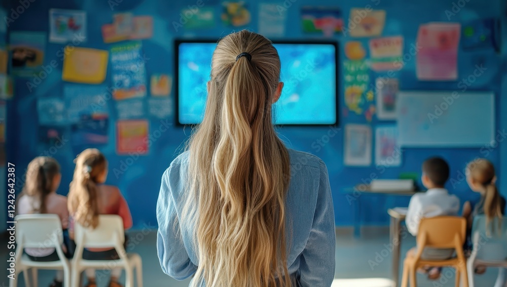 Classroom Presentation: A young female teacher stands facing a class of ...