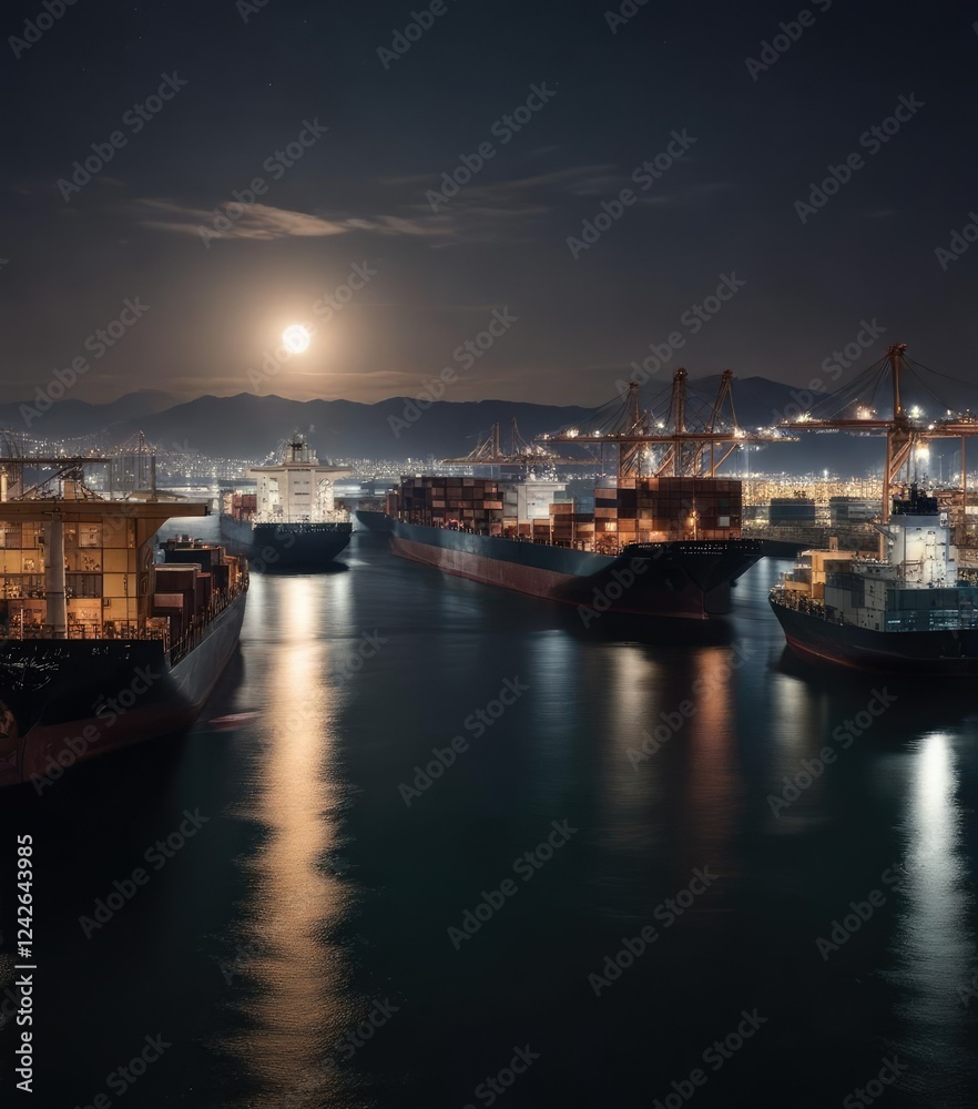 Dark water of Algeciras seaport at night with full moon reflected on ...