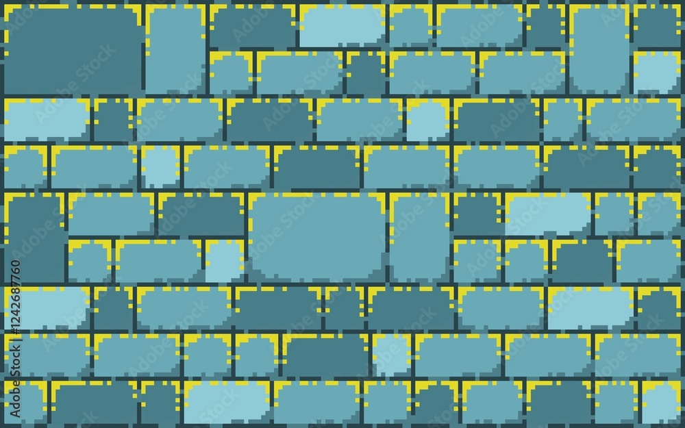 Pixel Art 2D Brick Blue Wall Texture with yellow shadow. Blue stone ...