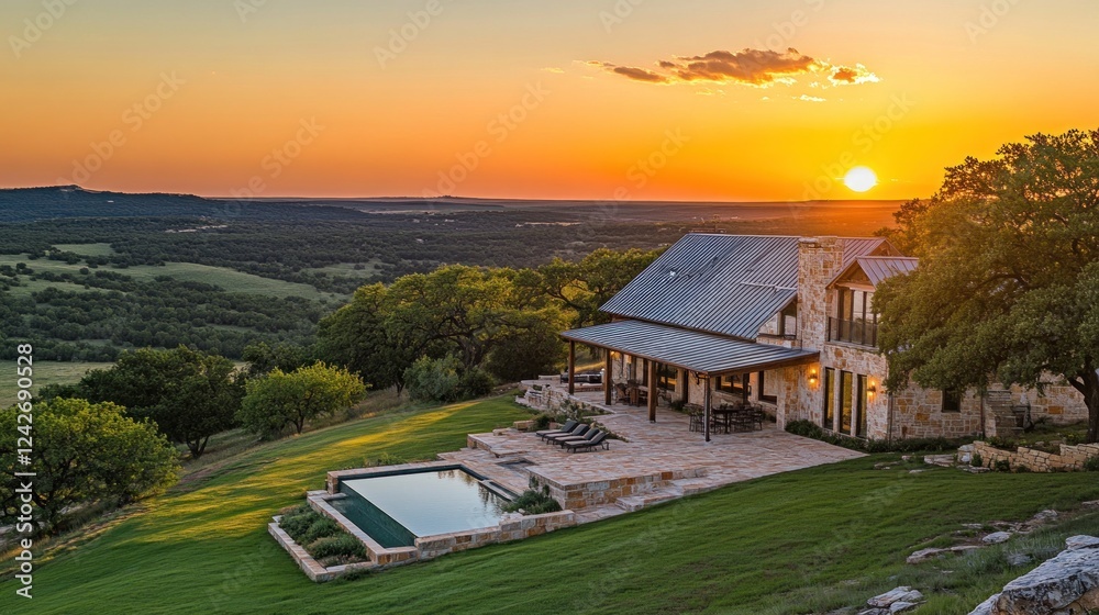 Hill Country Sunset: Luxurious Ranch House with Stunning Views Stock ...
