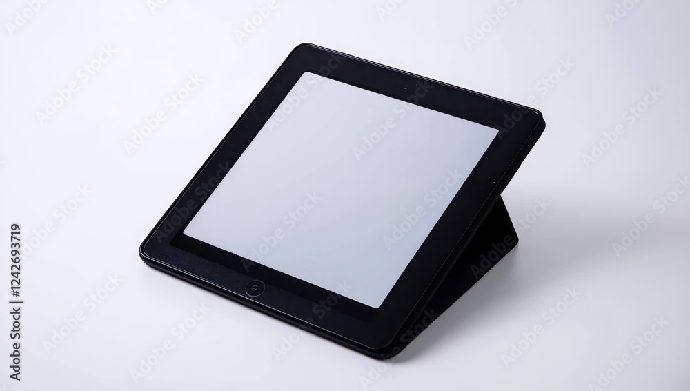 High-resolution digital image of black tablet with blank screen, angled ...