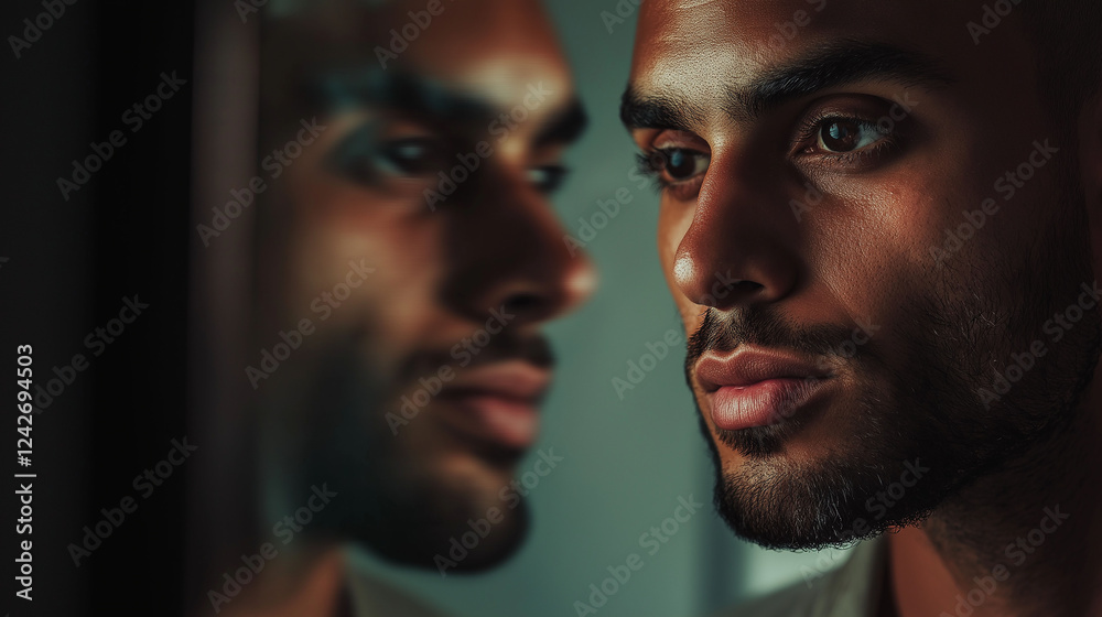 A portrait of a man with his face partially turned to reveal a mirror ...