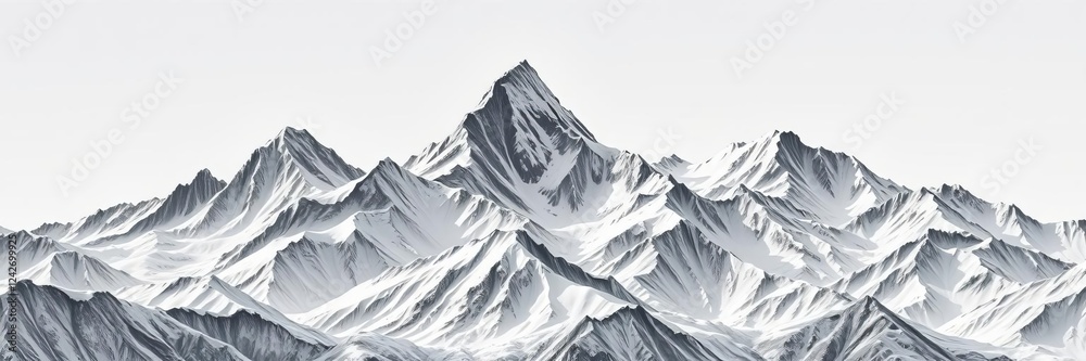 Engraved vector set featuring mountain chains, snowy peaks, rocky hills ...