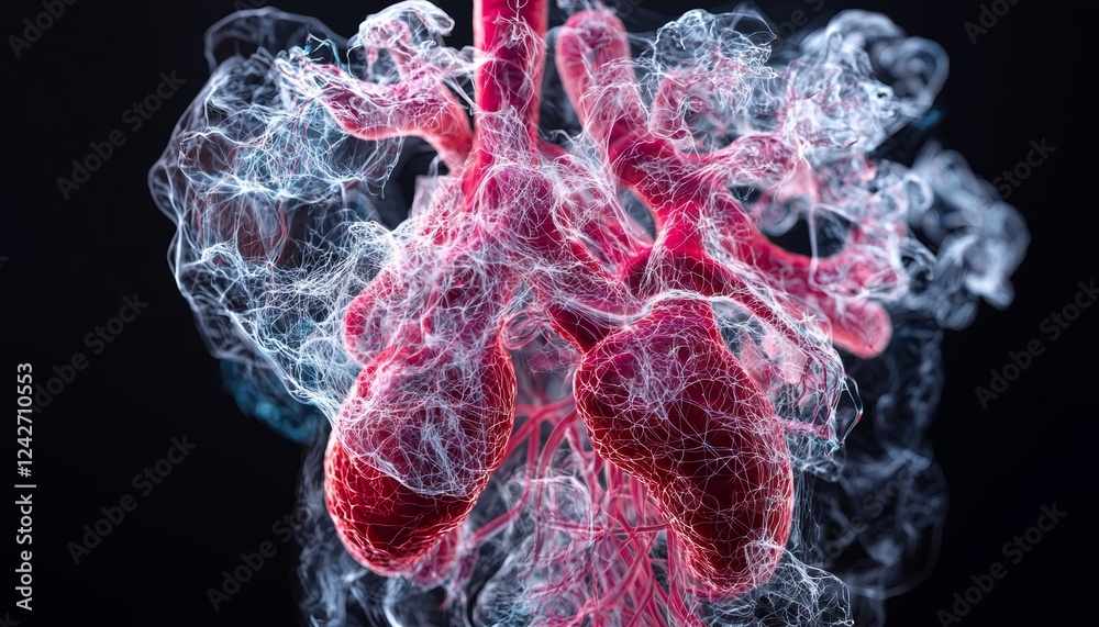 3D transparent overlay showing interconnected systems of the lungs ...