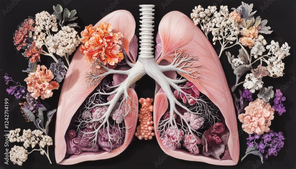 Anatomy of the thorax region highlighting the lungs, respiratory tree ...