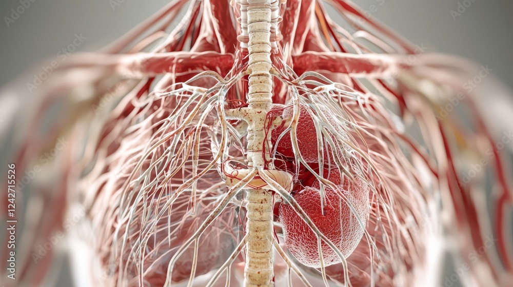 Realistic 3D diagram of the respiratory system showing the bronchial ...