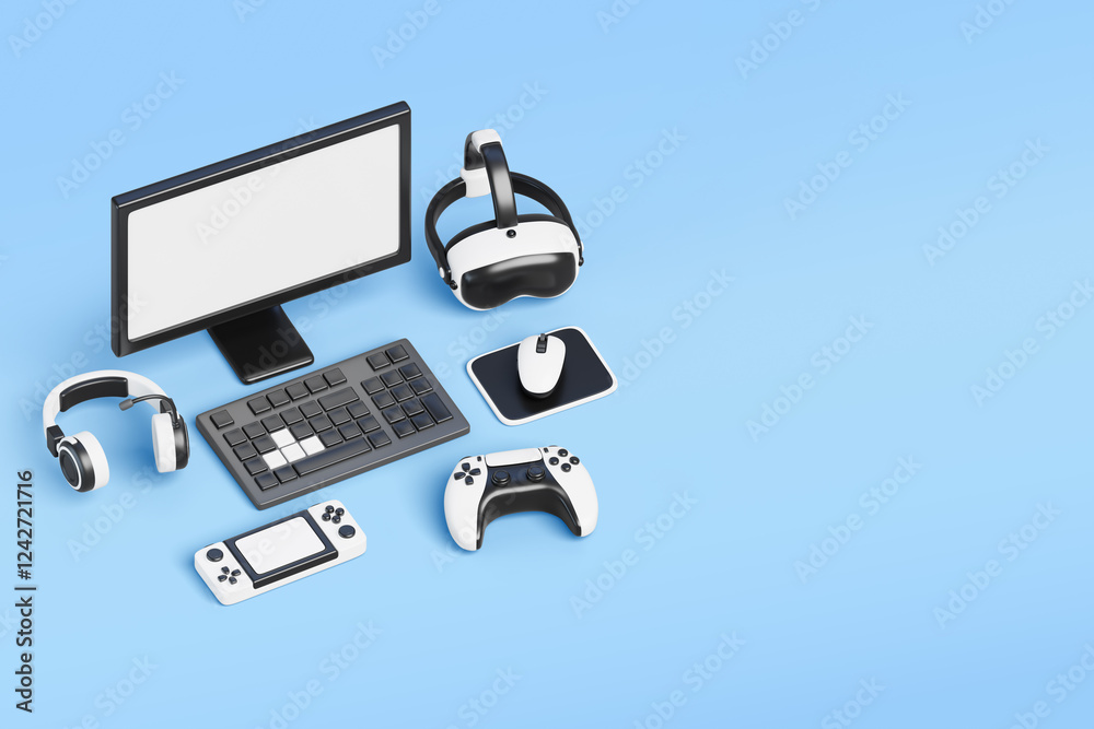 Gamification isometric 3d banner. Workplace with desktop computer ...