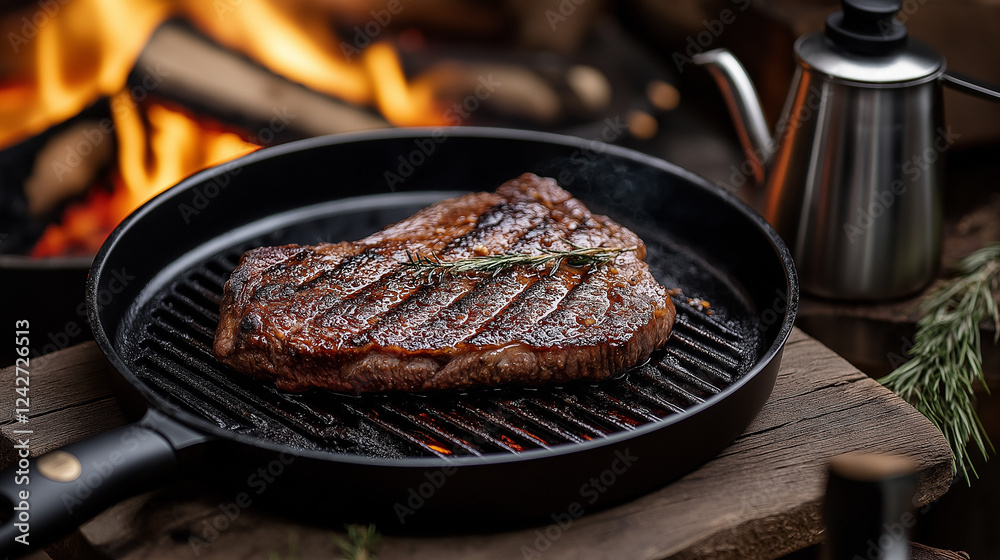 camping in magnificent natural scenery / oak wood-fired griddle pan ...