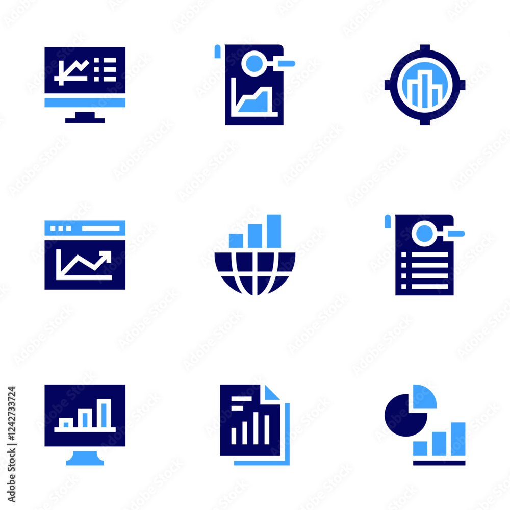 Analysis icon set. Bold style. Duotone colors. analysis, global, chart ...