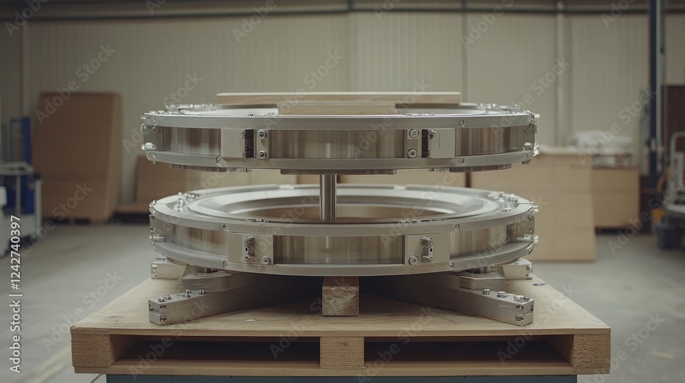 Heavy machinery components stacked in an industrial warehouse, ready ...