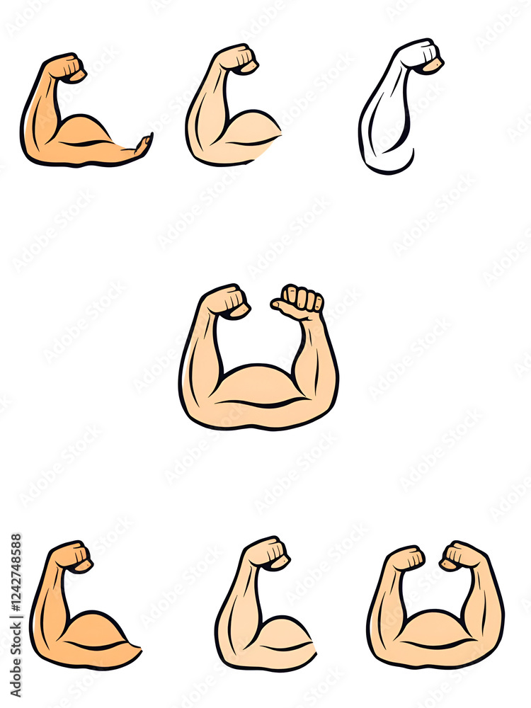Muscle icon set, flexed bicep arm icon hand emoji. Feats of strength sign - Biceps musclar arm ...