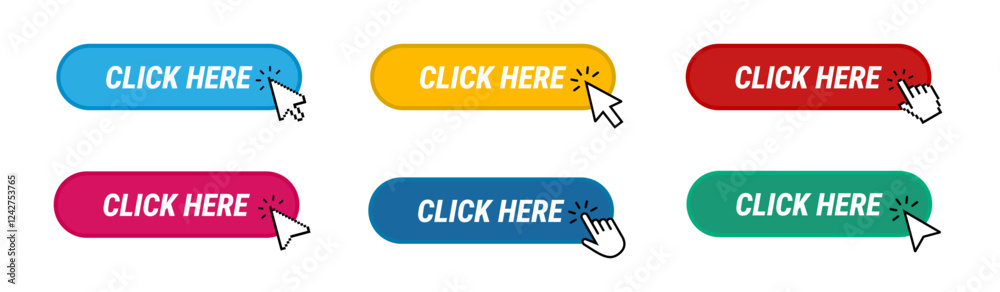 Click Here Button with Arrow Pointer Icon. Vector Web Button with Arrow Action. UI Button ...