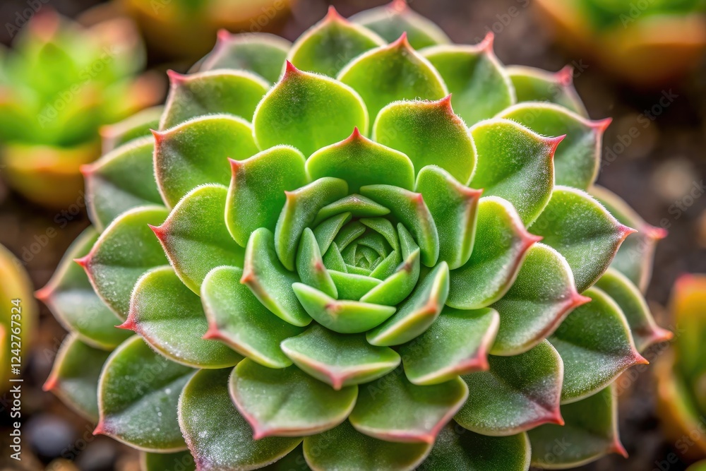 Wavy curled stem of a young succulent plant with fuzzy leaves, plant ...