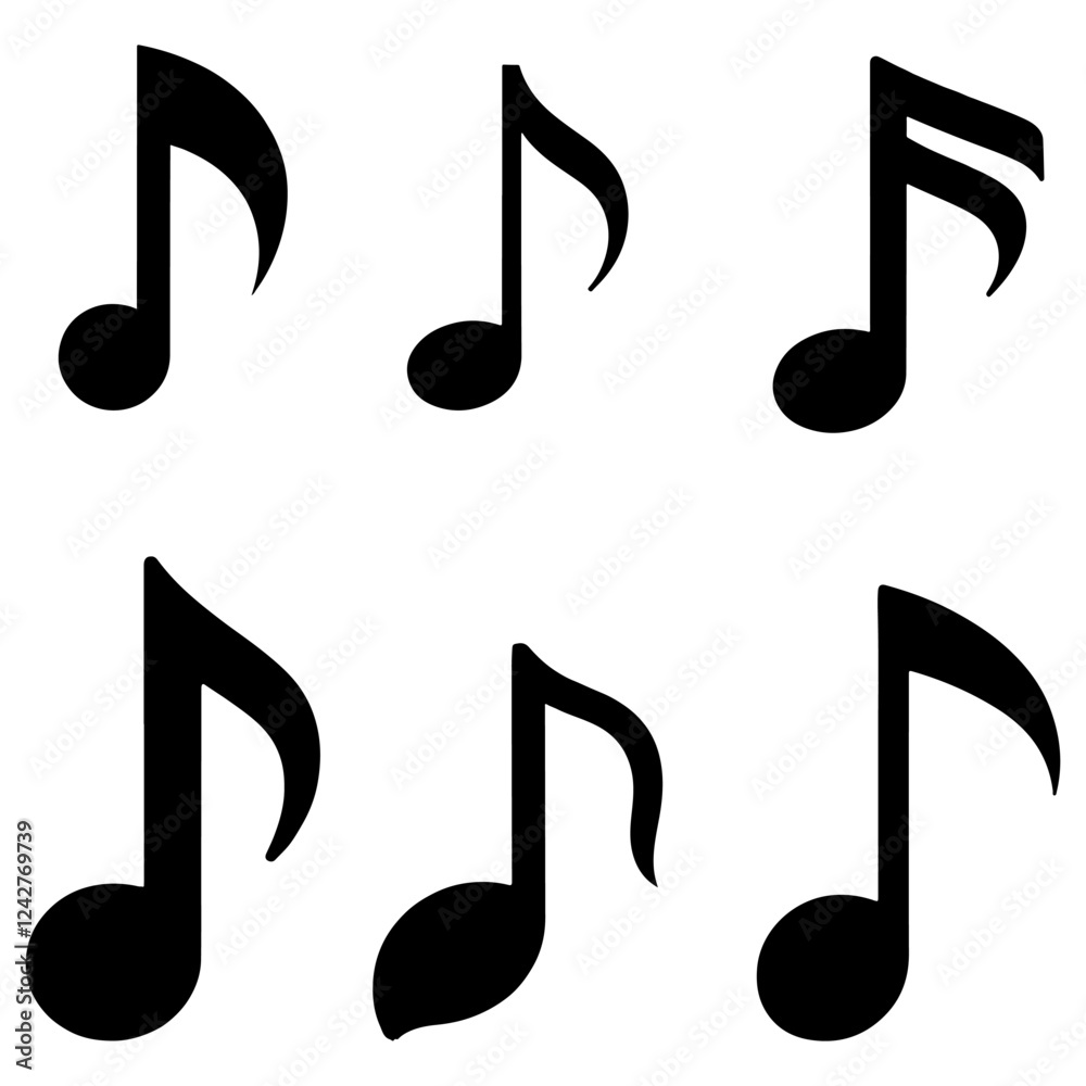 Six black vector music note icons in various styles, isolated on white ...