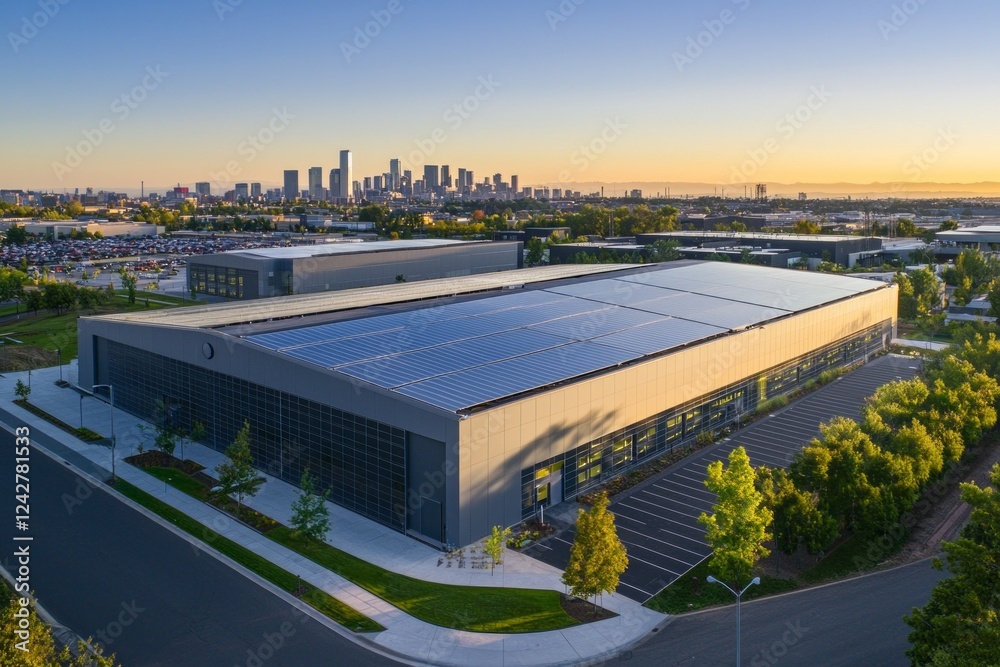 Aerial view of modern data center facility exterior, with solar panels ...