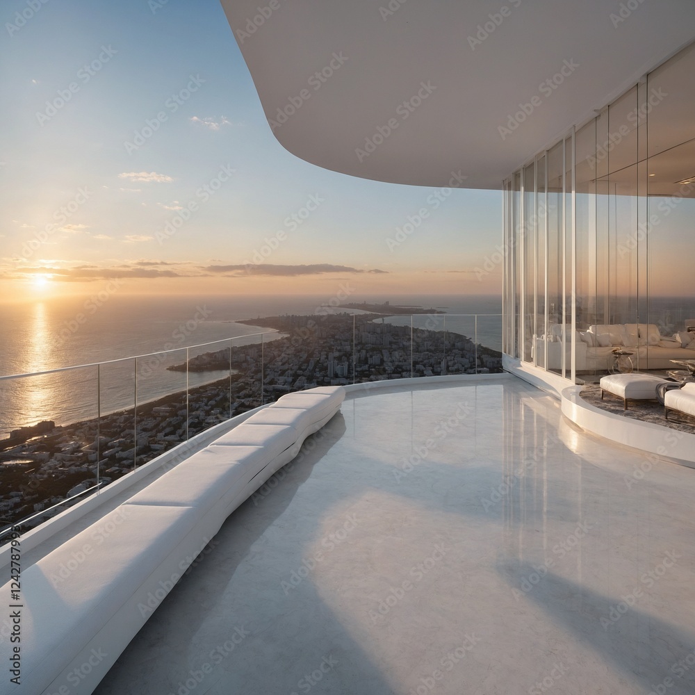 "Visualize a luxury penthouse that blends futuristic white minimalism ...