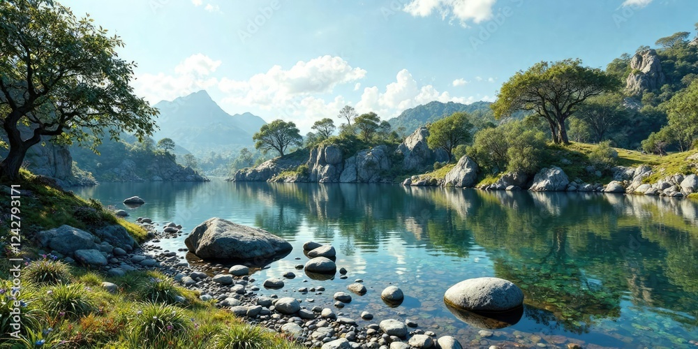Un lago rodeado de arbolado y vegetación, con rocas y piedras en el ...