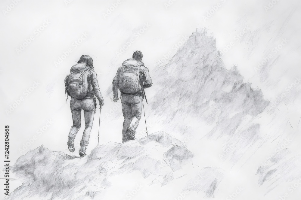 Pencil sketch depicting two hikers ascending a mountain, navigating ...
