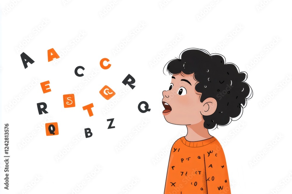 Child developing speech skills, speaking alphabet letters, supporting ...