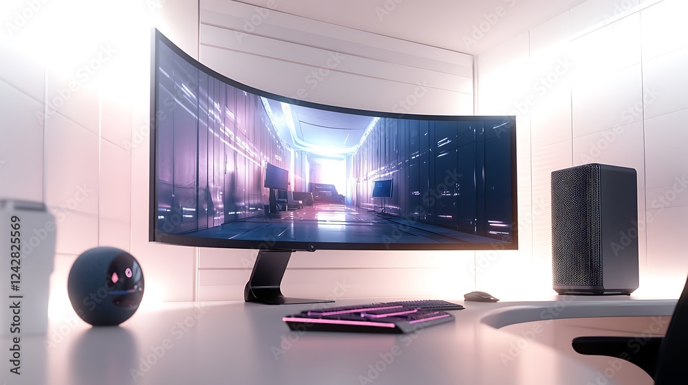 A tech-forward workspace with a curved monitor, a futuristic desktop ...