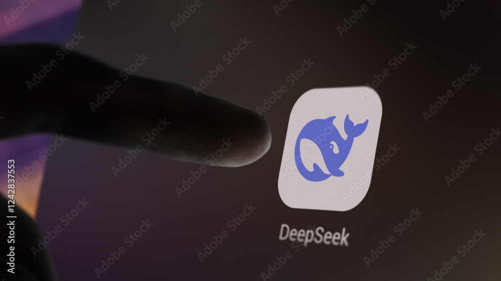 Close-up of a finger interacting with the DeepSeek app icon, featuring ...