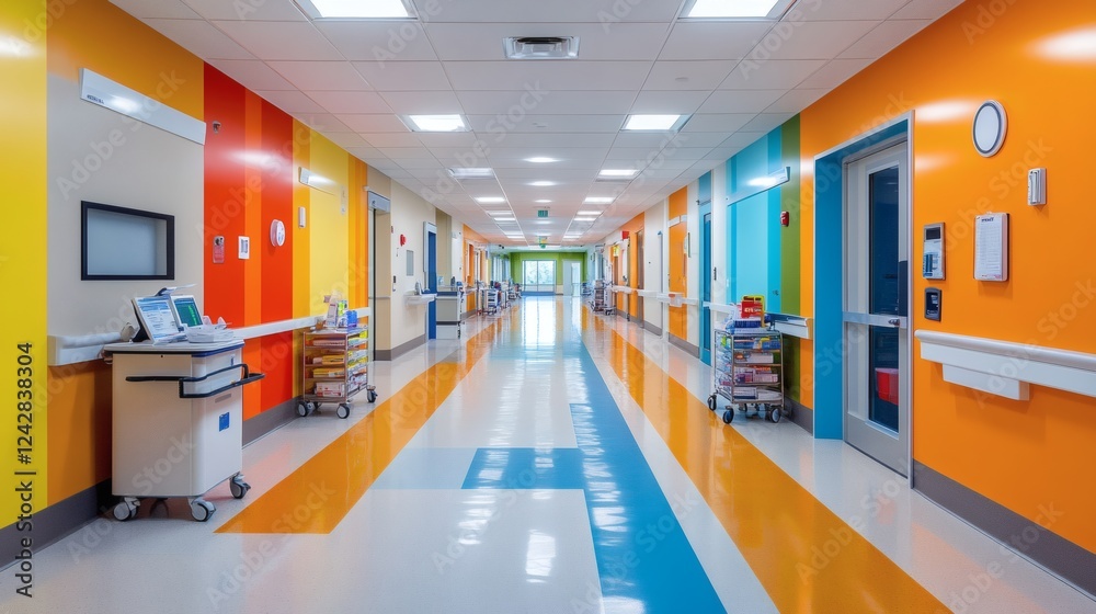 Pediatric hospital corridor with treatment instruments colorful wall ...