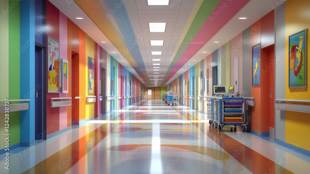 Pediatric hospital corridor with treatment instruments colorful wall ...