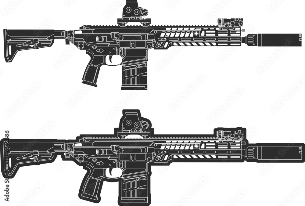 Assault rifle for close combat in two versions, in thick outline and ...