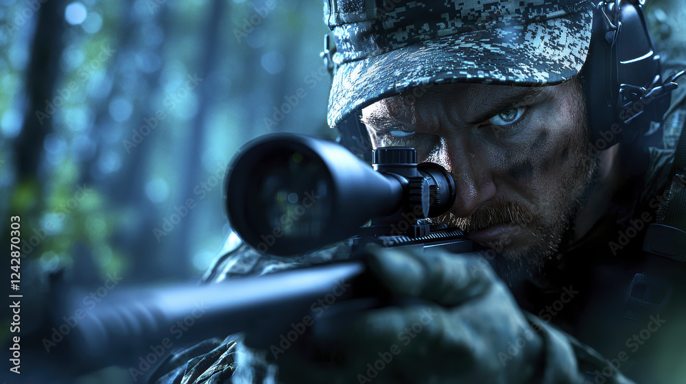 Tactical soldier aiming with sniper rifle in forest setting, showcasing ...