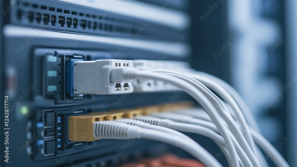 Network cables connected to a server rack. Stock Photo | Adobe Stock