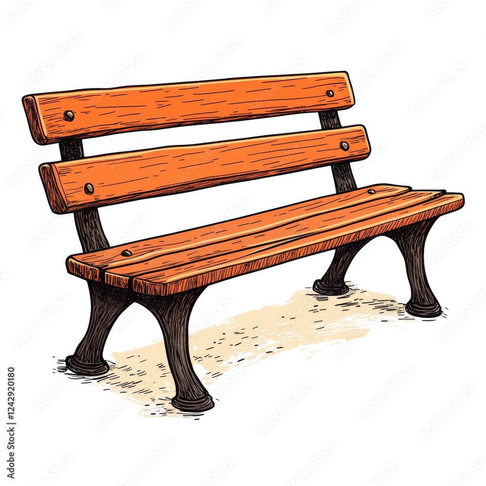 The image shows a hand drawn illustration of a simple wooden park bench ...